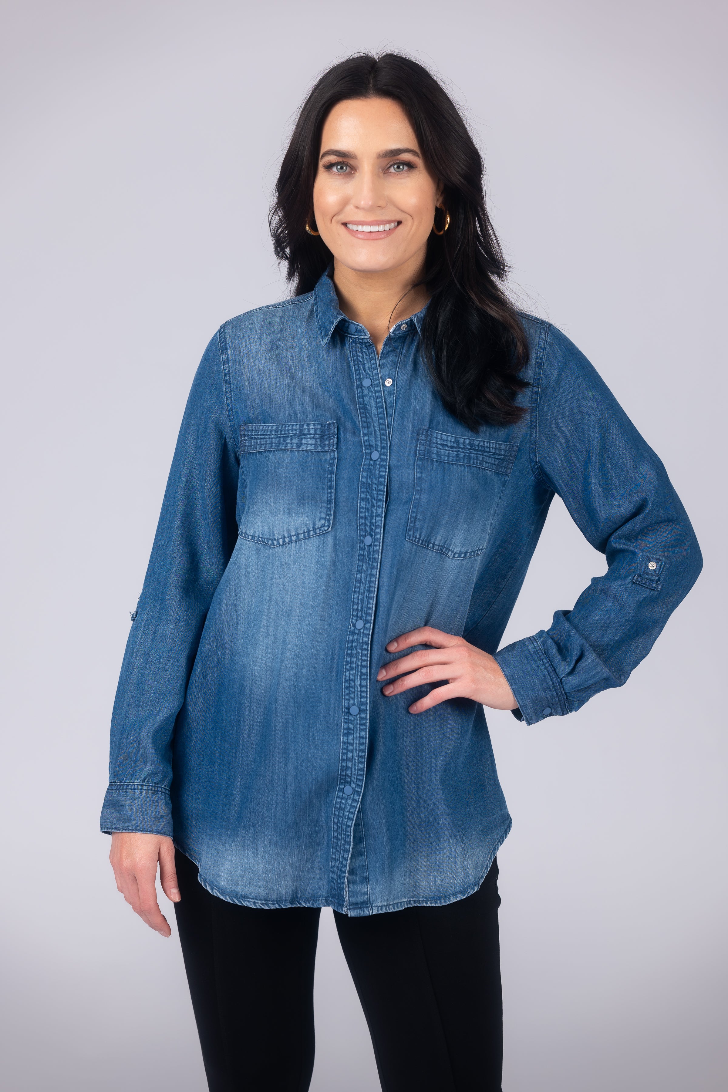 Long Roll-Tab Sleeve Button Front Slub Lyocell Shirt#N#– Intro Clothing